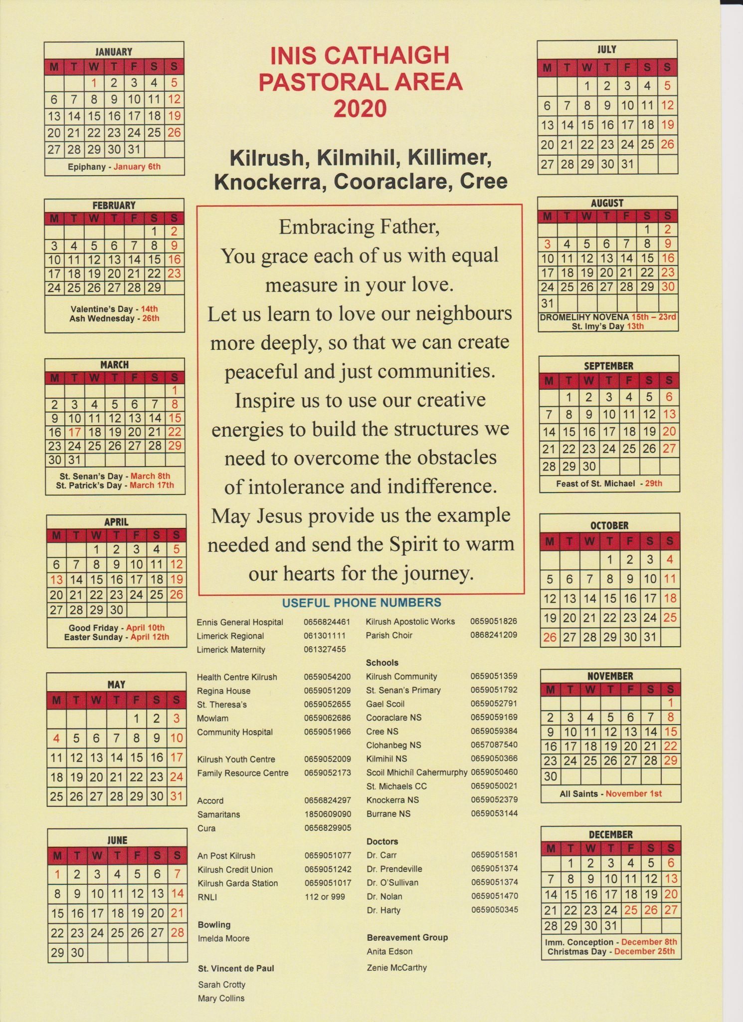 Inis Cathaigh Pastoral Area Calendar 2020 – Killimer Parish