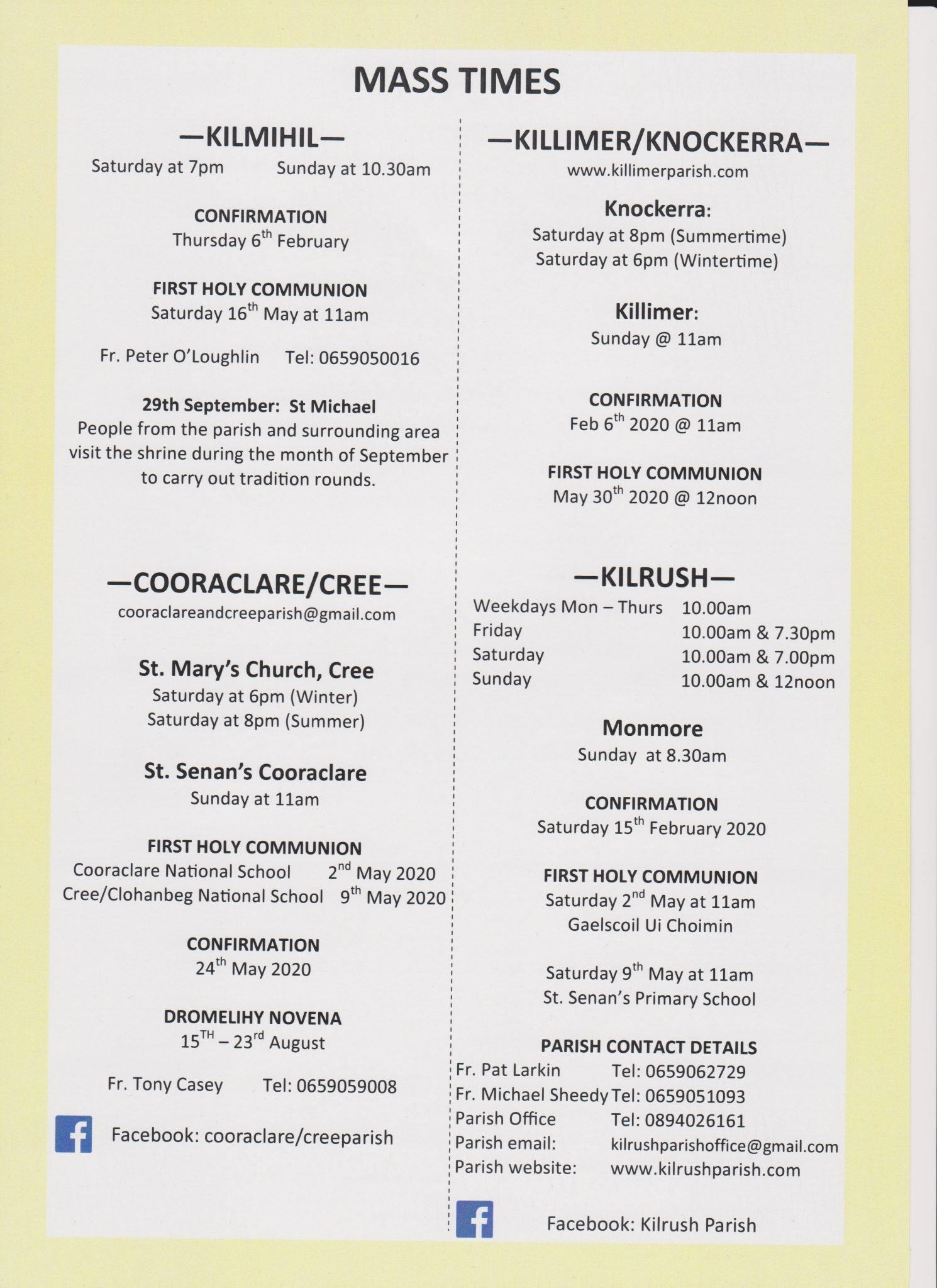 Inis Cathaigh Pastoral Area Calendar 2020 – Killimer Parish